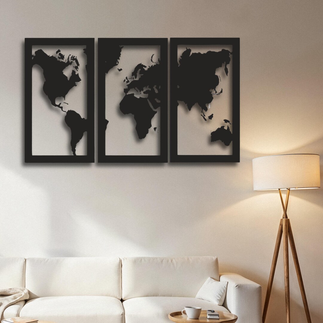 3 Panel World Map SVG Wall Art | Modern Globe Silhouette Cut File for ...