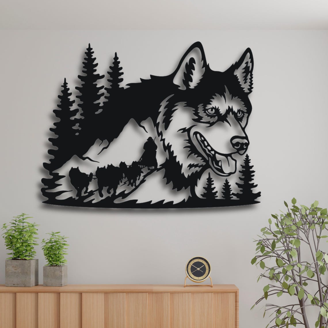 Husky Dog Sled Scene SVG | One Layer Wolf Wall Art for Laser Cutting ...