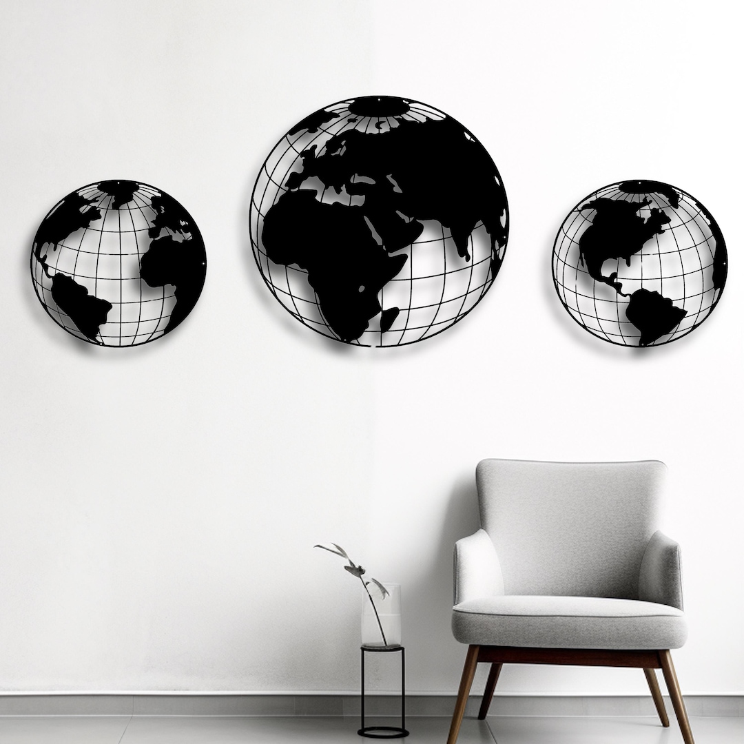 World Map Wall Art 3 Panel Set | Globe Silhouette Laser Cut File ...