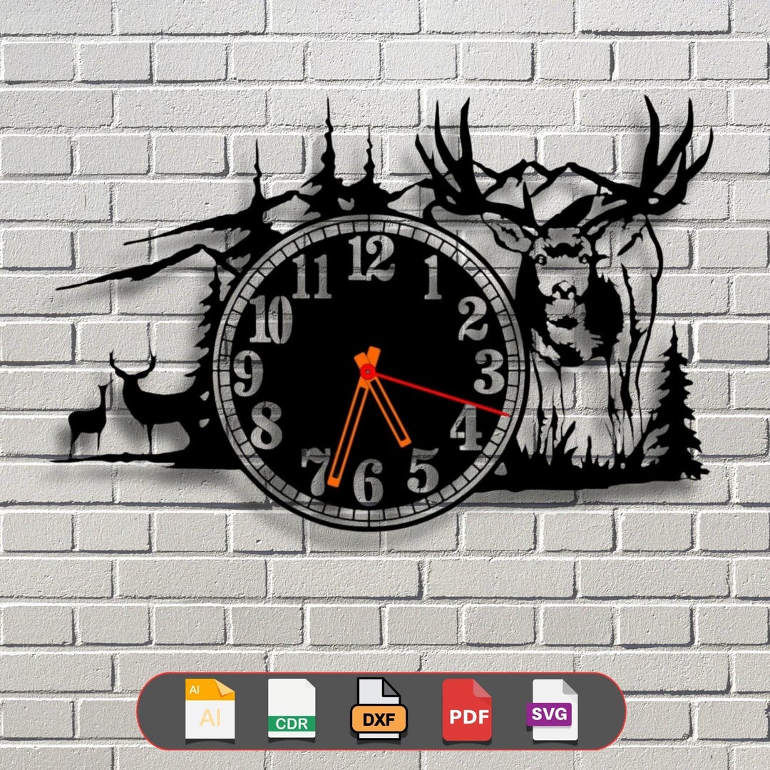 Deer Forest Clock Wall Art SVG | Mountain Elk Silhouette Laser Cut File ...