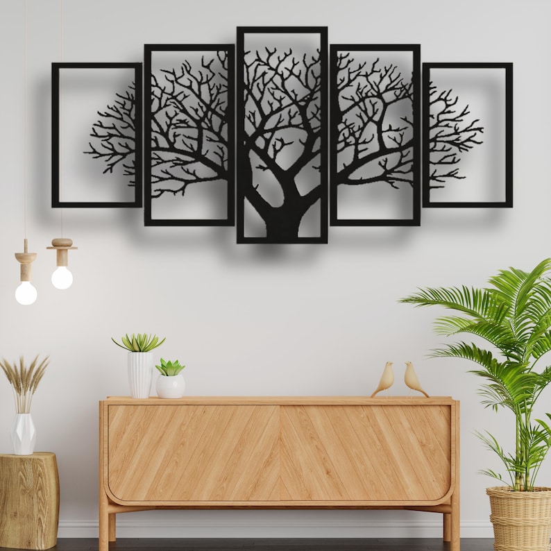 5 Panel Tree Wall Art | Split Branch Silhouette Laser Cut File for CNC ...