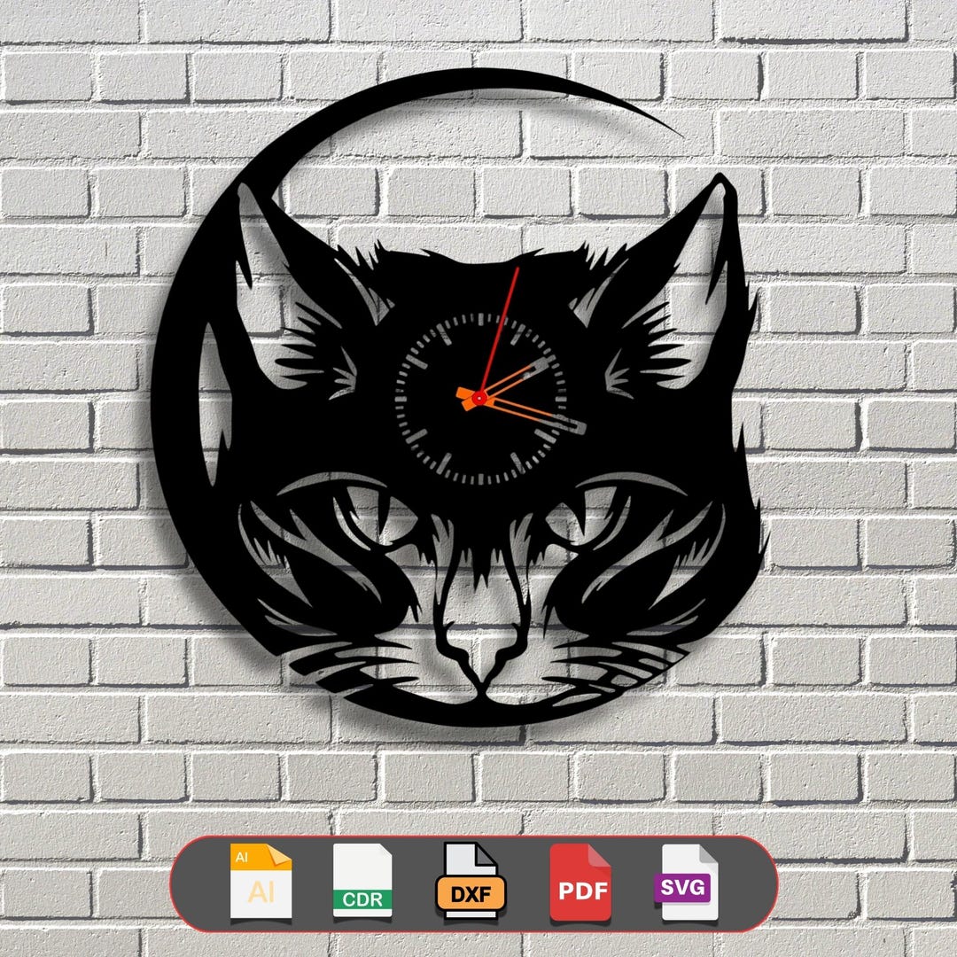 Cat Face Wall Clock SVG | Laser Cut Cat Head Silhouette Clock Design ...