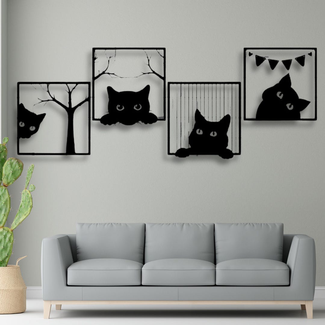 4 Cat Peek Wall Art SVG Set | Cute Kitty Silhouette Laser Cut Files for ...