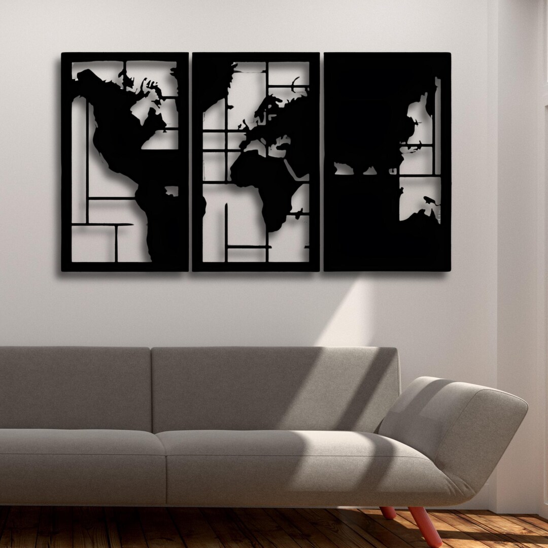 World Map 3 Panel Wall Art | Globe Silhouette Cut File Set for Laser ...