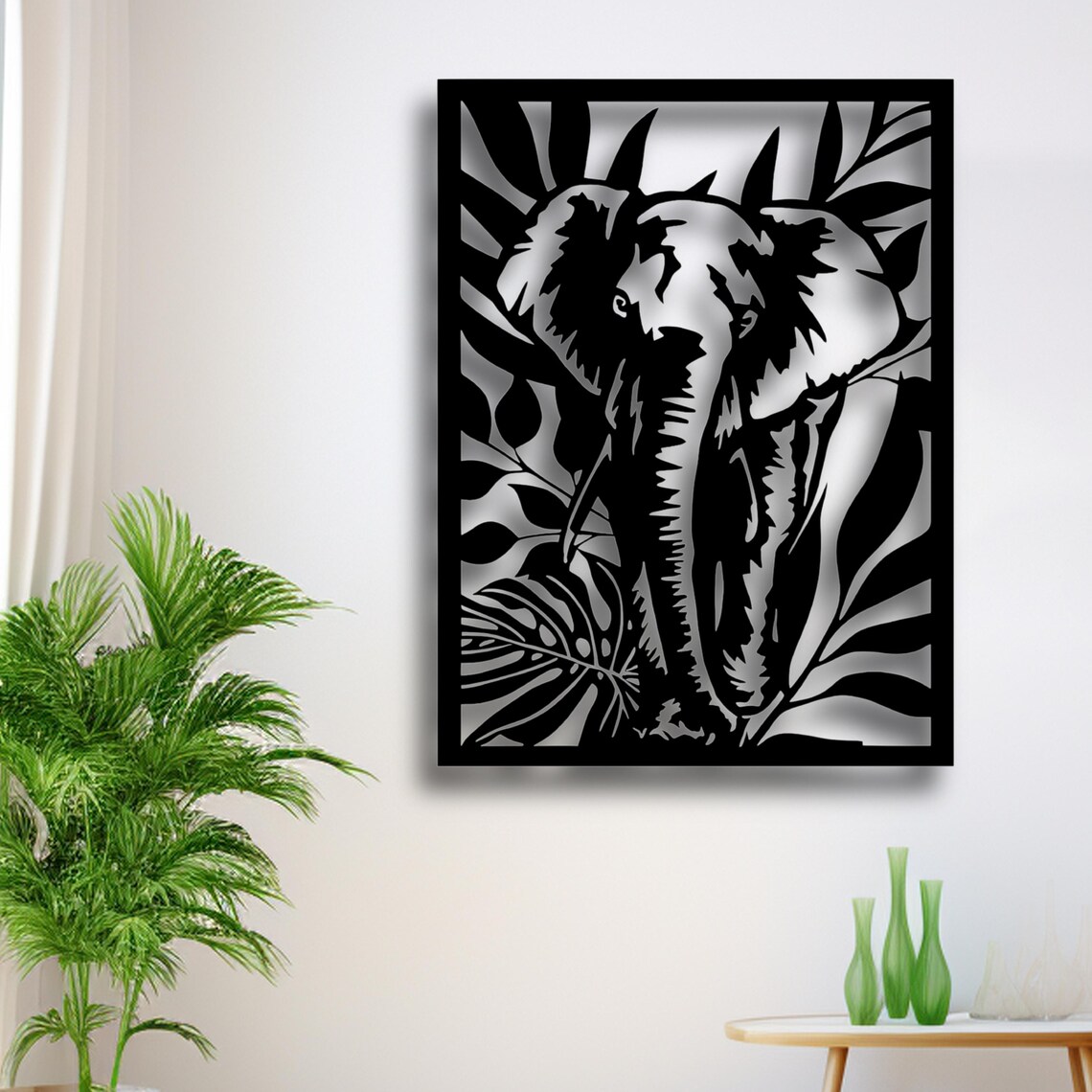 Elephant Jungle Wall Art SVG | Tropical Safari Animal Silhouette Laser ...