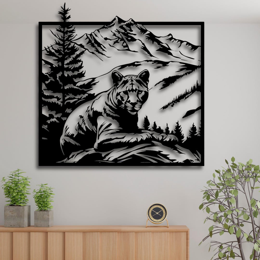 Mountain Puma Wall Art SVG | Wild Cat Silhouette Forest Laser Cut File ...