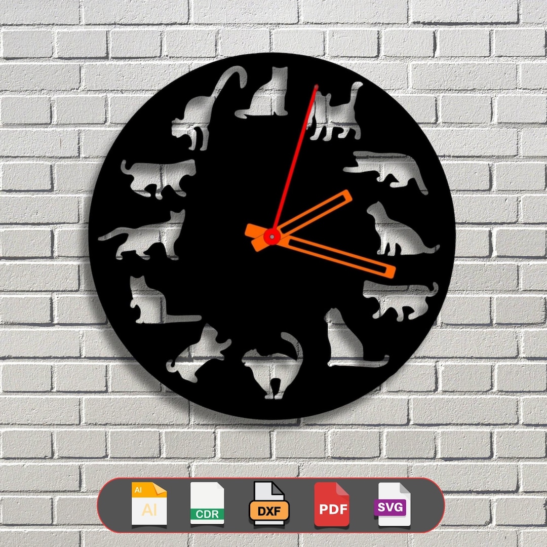 Cat Silhouettes Wall Clock SVG | Laser Cut Cat Design Clock | DXF Cdr ...