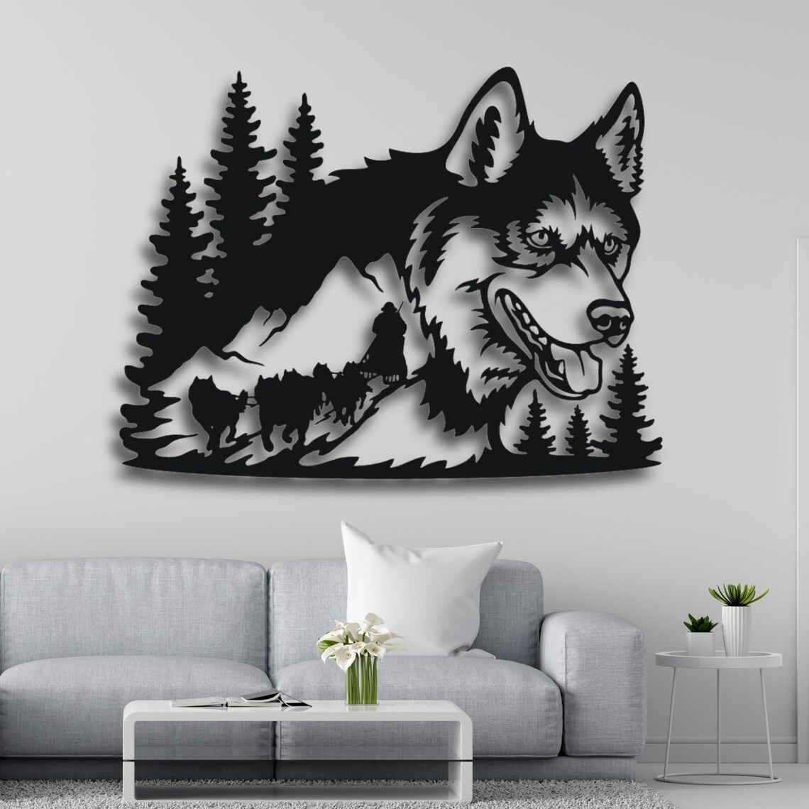Husky Dog Sled Scene SVG | One Layer Wolf Wall Art for Laser Cutting ...