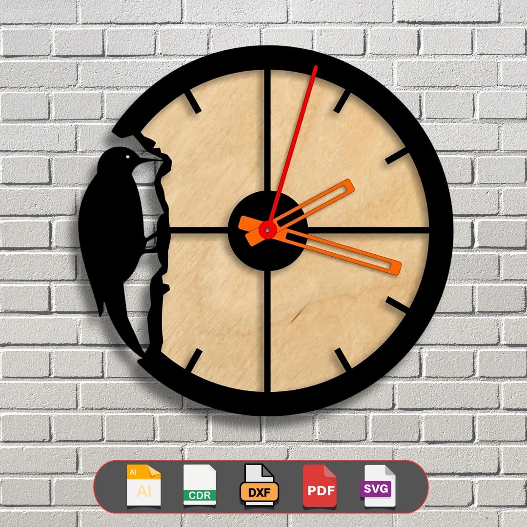 Woodpecker Bird Clock SVG | Tree Bark Wall Clock Silhouette Cut File ...