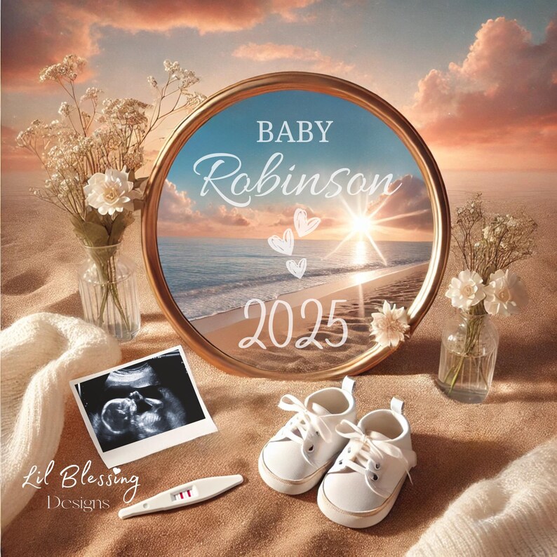 Mirror Beach Boho Gender Neutral Pregnancy Announcement Template Baby ...