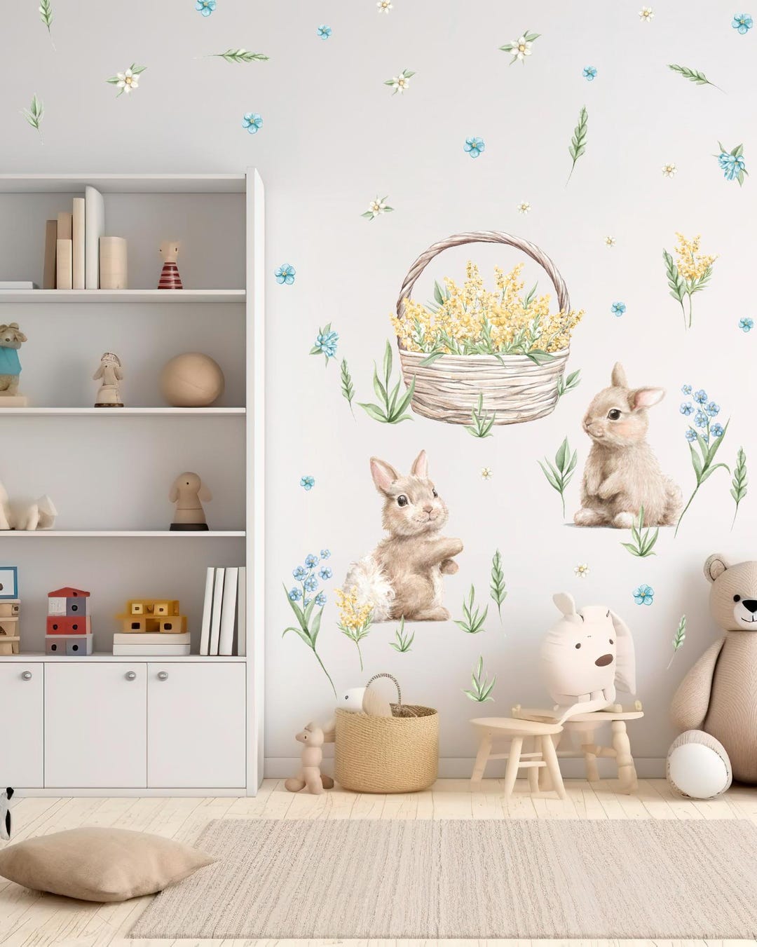 Bunny and Mimosa Wall Stickers, Rabbit Wall Decals, Spring Floral Wall ...
