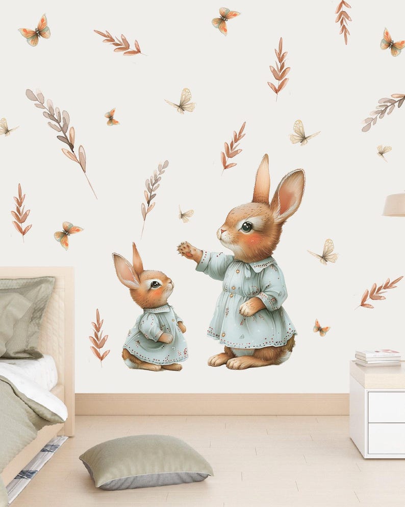 Woodland Rabbit Stickers With Butterflies Bunny Wall Decals Bunny Wall ...
