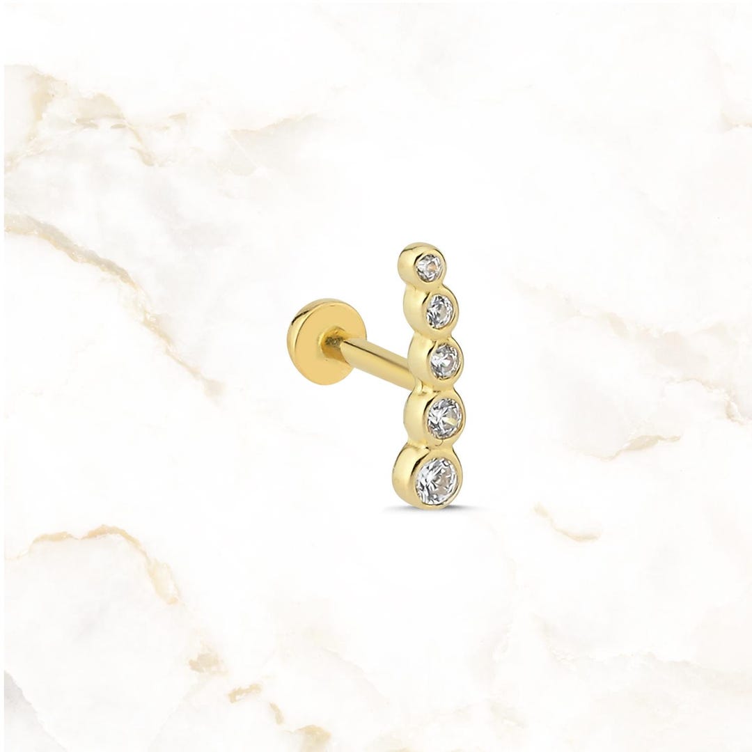 14K Gold CZ Graduated Bar Piercing | Internally Threaded Cartilage Stud ...