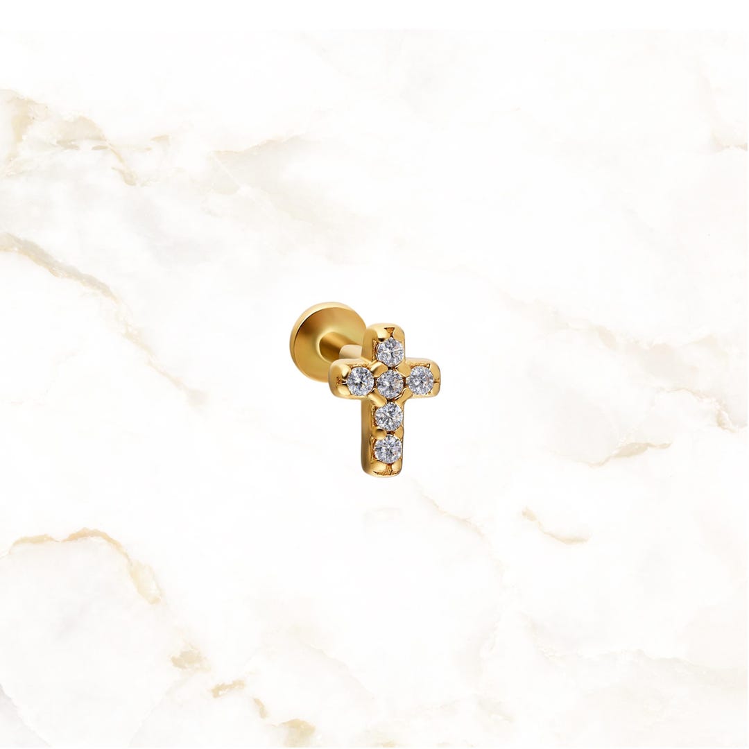 Dainty Pave Cross Piercing Stud | Flat Back Diamond Cross Earring in ...
