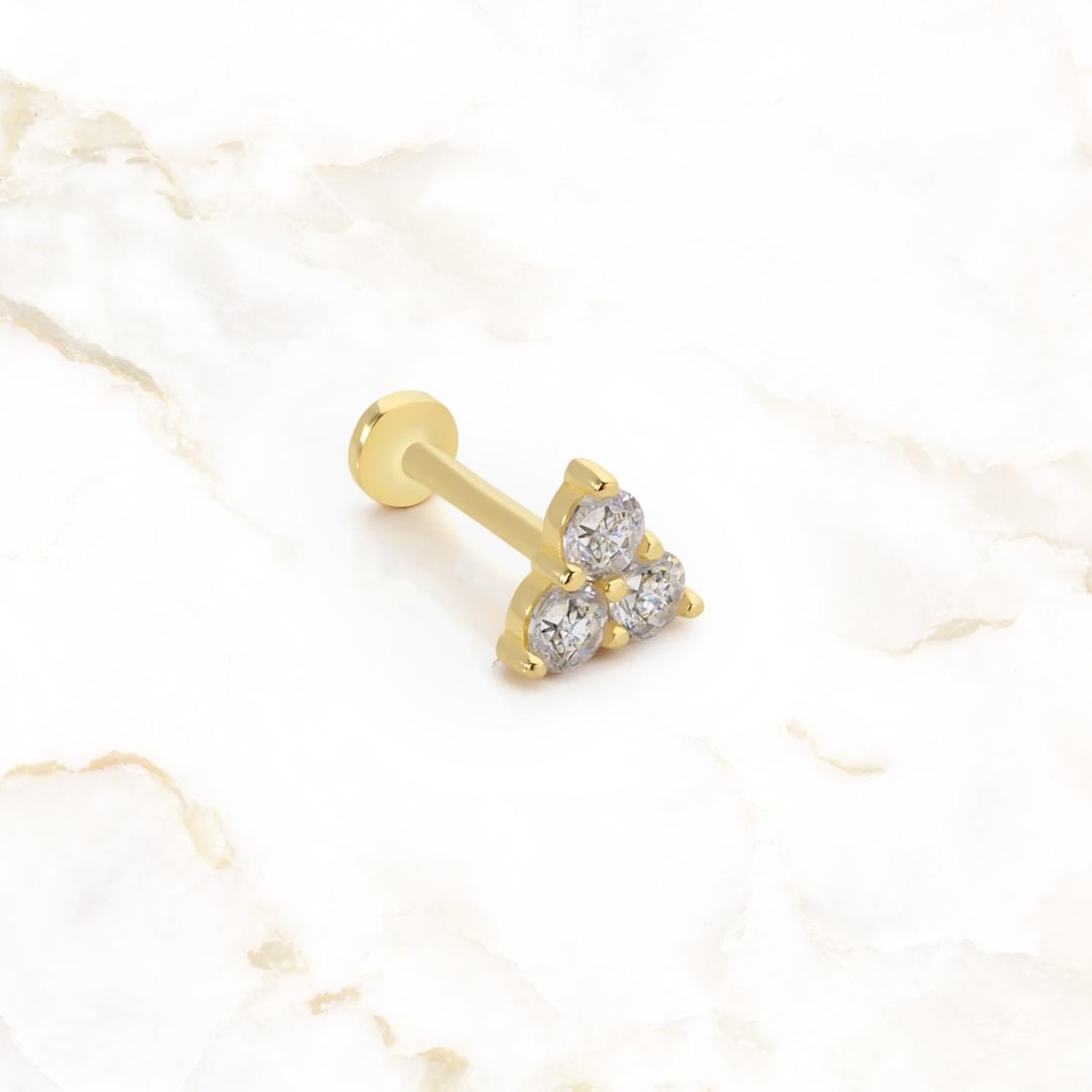 14K Gold Triple Stone Cartilage Stud | Flat Back Triangle Earring for ...