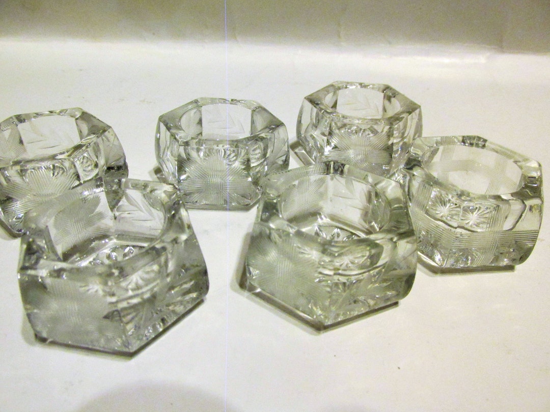 Salt Cellars Hexagon Clear Cut Glass With Etched Floral and Leaf Design ...