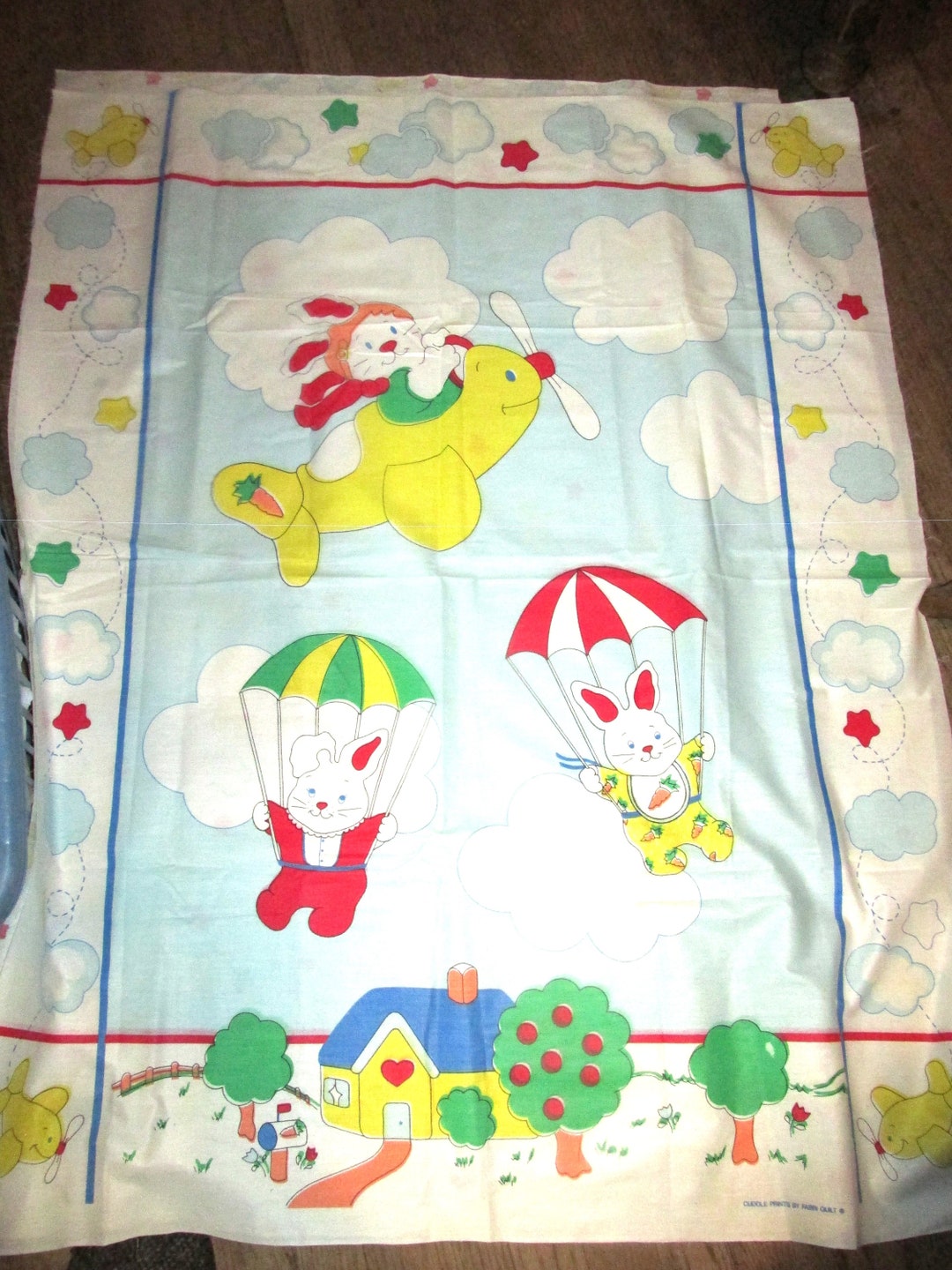 Bunnies Flying Plane. Parachutes Cute Childs Quilt, Blanket Panel With ...