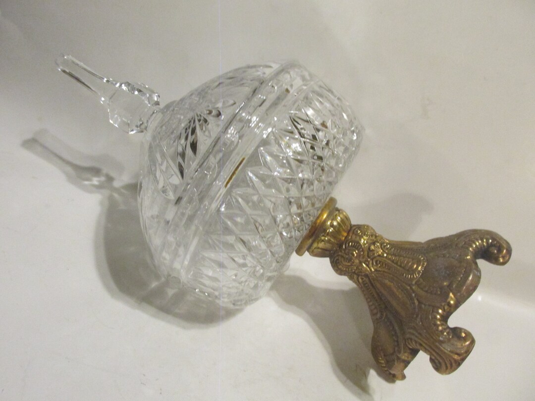 Pedestal Tall Diamond Cut Heavy Candy Dish With Ornate Brass Base and ...