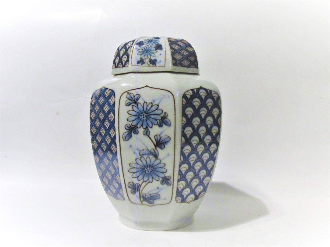 Japanese Ginger Jar White and Blue Octagon Panels and Inside Color ...