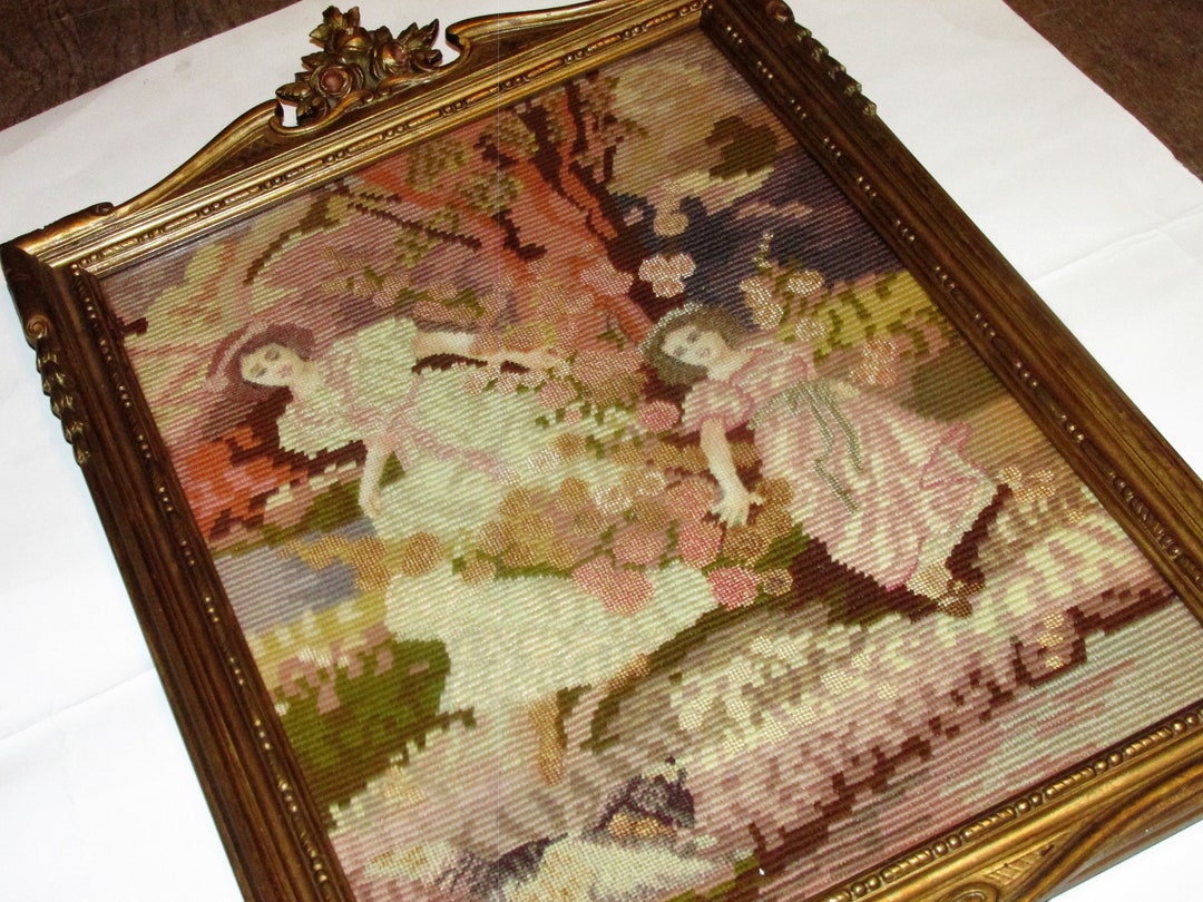 Victorian Antique Needlepoint W/ Ornate Frame, 3-D Done With Different ...
