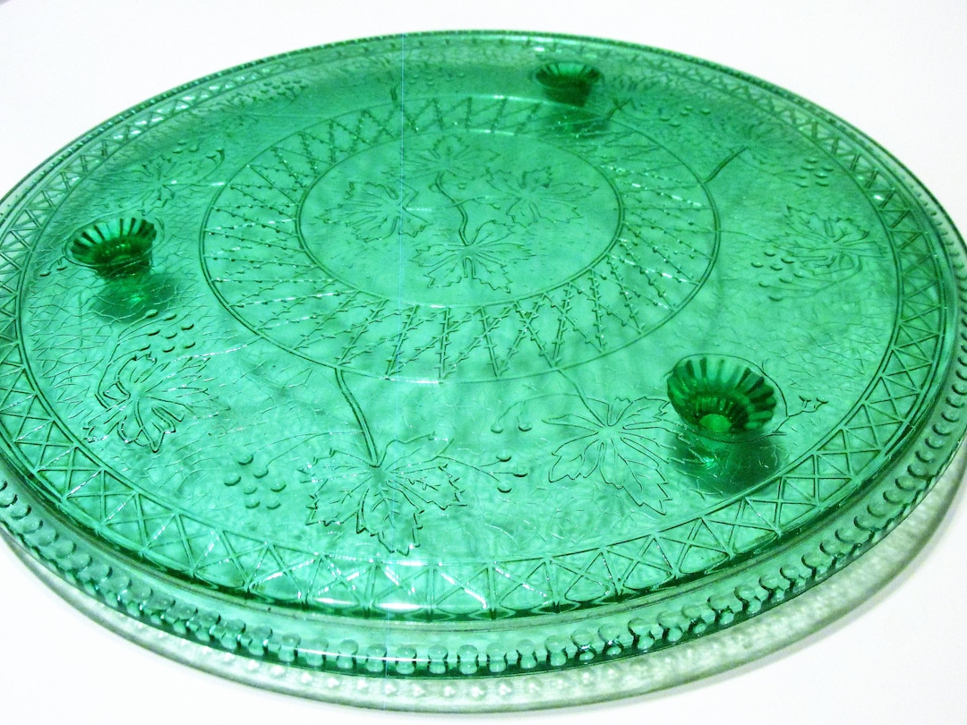 Vaseline Uranium Glass Sunnybrook Green Maple Keaf Footed Cake Plate ...
