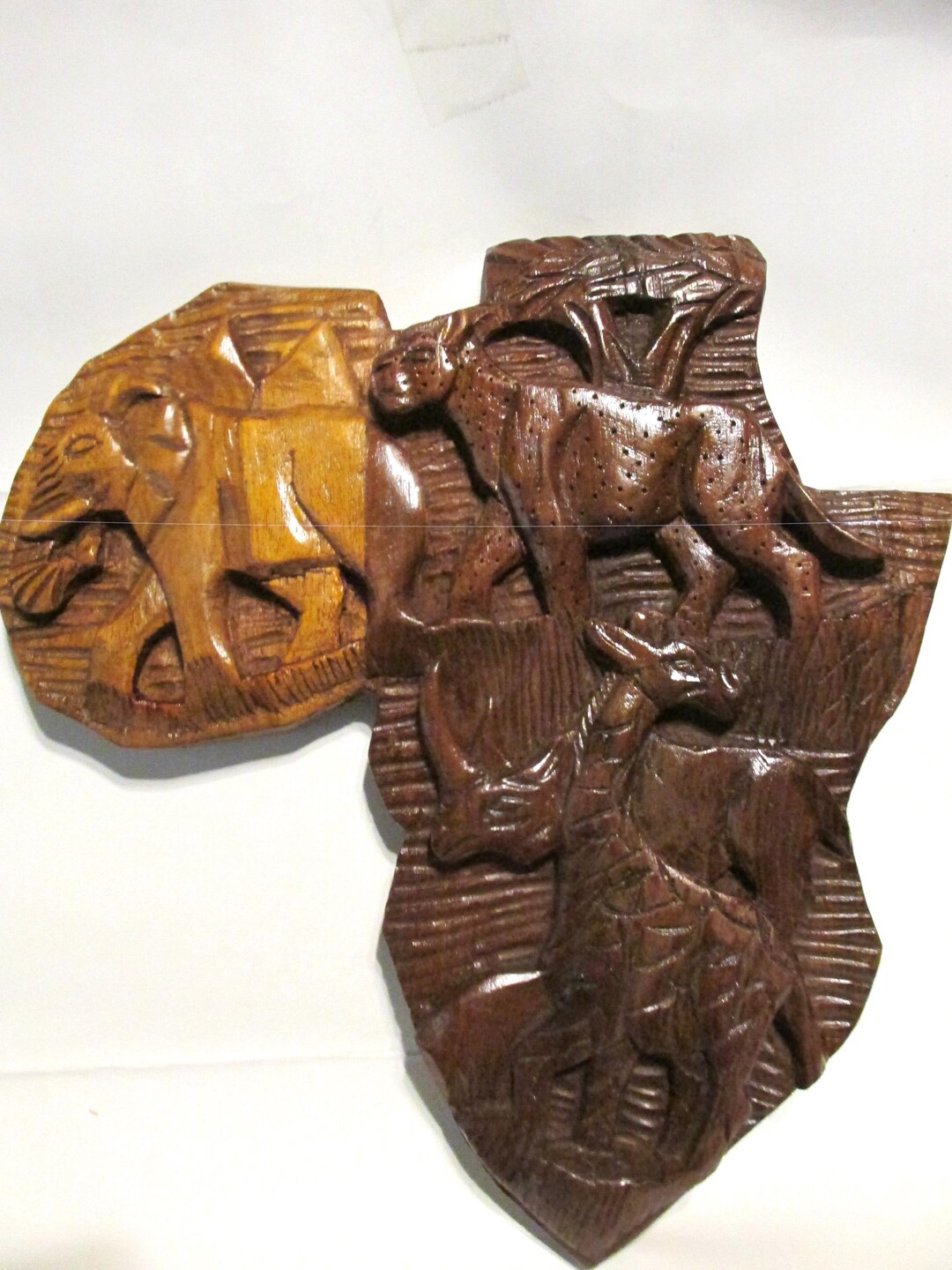 Wooden, Hand Carved Africa Continent With Animals, Elephant, Cheetah ...