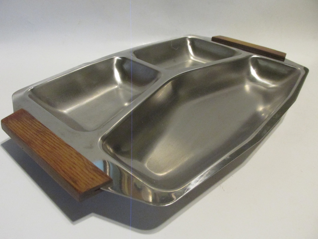 Mid-century Stainless-steel Serving / Relish Tray With Teak Wood ...