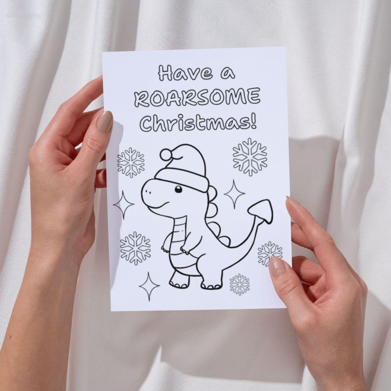 Dinosaur Colour-in Christmas Card Printable Dinosaur-themed Christmas ...
