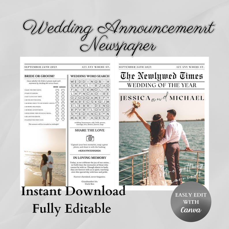 Large Wedding Newspaper Template With Photo Wedding Announcement ...