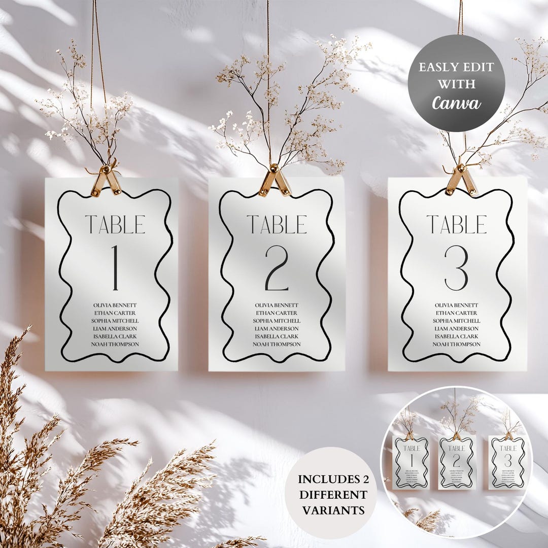 Wavy Wedding Table Cards, Printable Squiggly Lines Seating Chart for ...