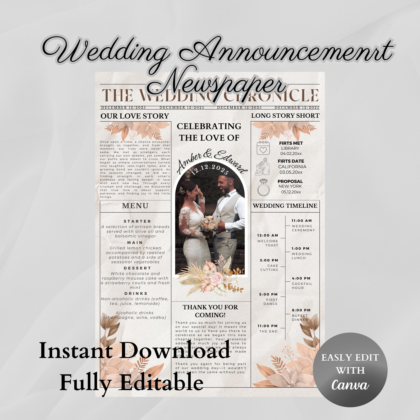 Wedding Newspaper Template With Photo Wedding Newspaper Announcement ...