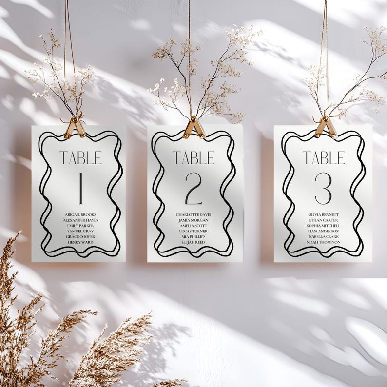Wavy Wedding Table Cards, Printable Squiggly Lines Seating Chart for ...