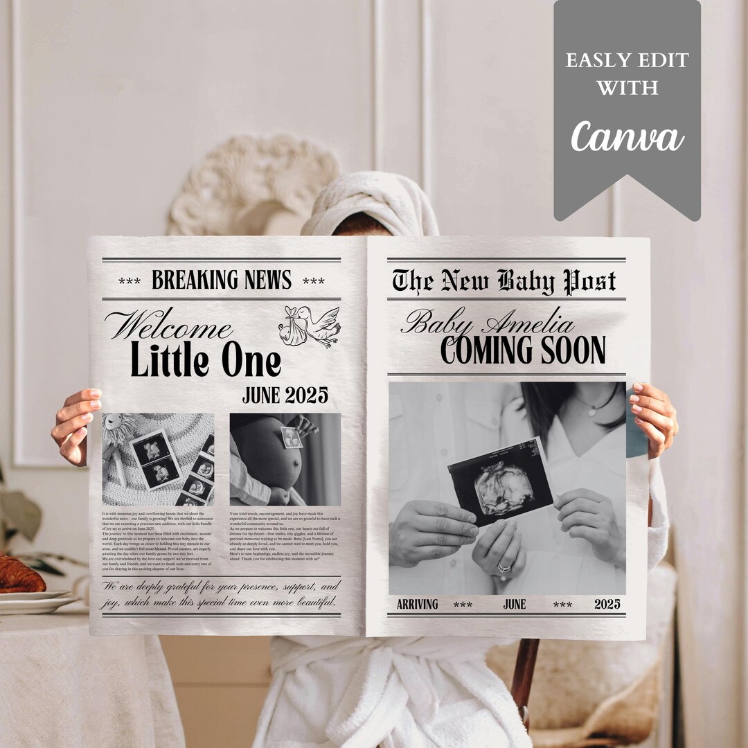Vintage Newspaper Baby Announcement Template, Custom Text Pregnancy ...