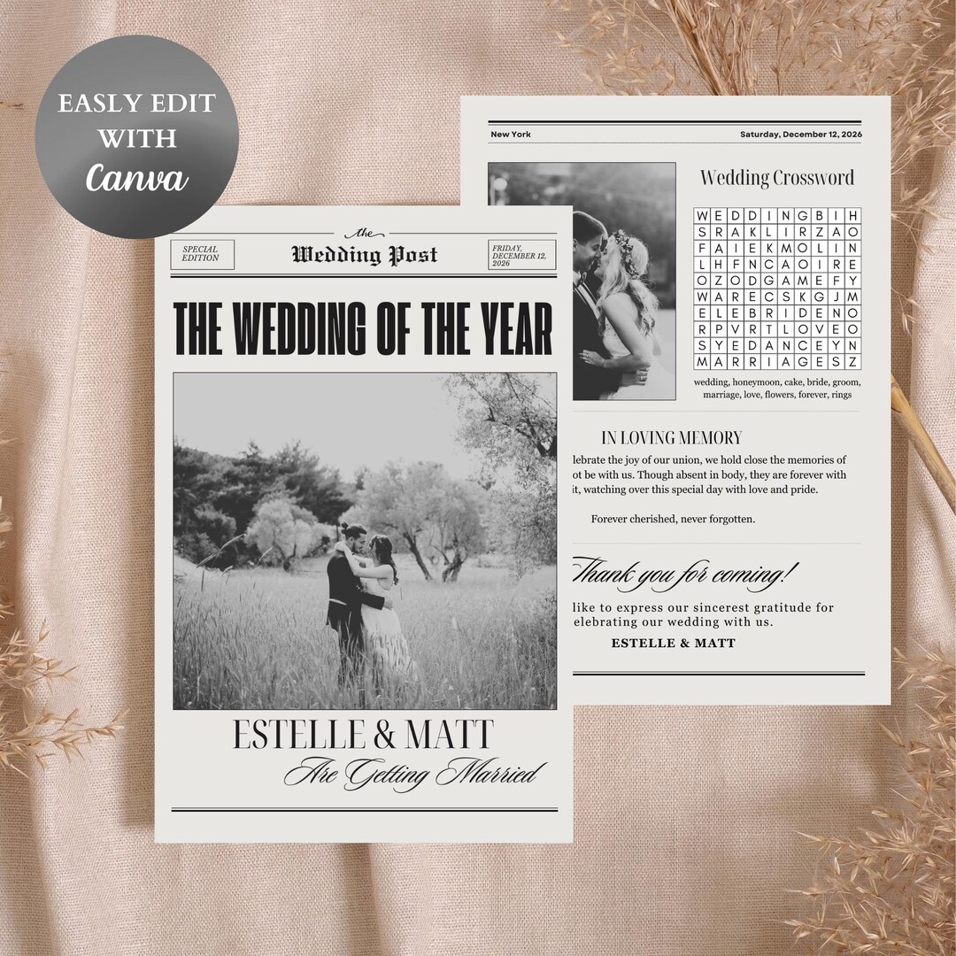Personalized Wedding Newspaper Template Digital Canva Editable Wedding ...
