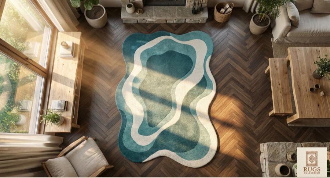 Modern Teal Cream Amoeba Shape Hand Tufted Wool 5x8 Area Rug for Living ...