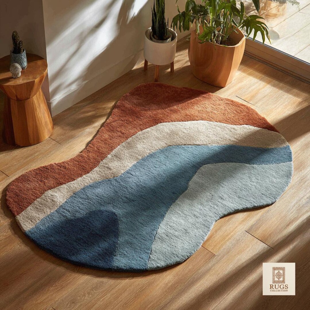 Modern Burnt Orange Blue & Beige Amoeba Shape Hand Tufted Wool 5x7 Area ...