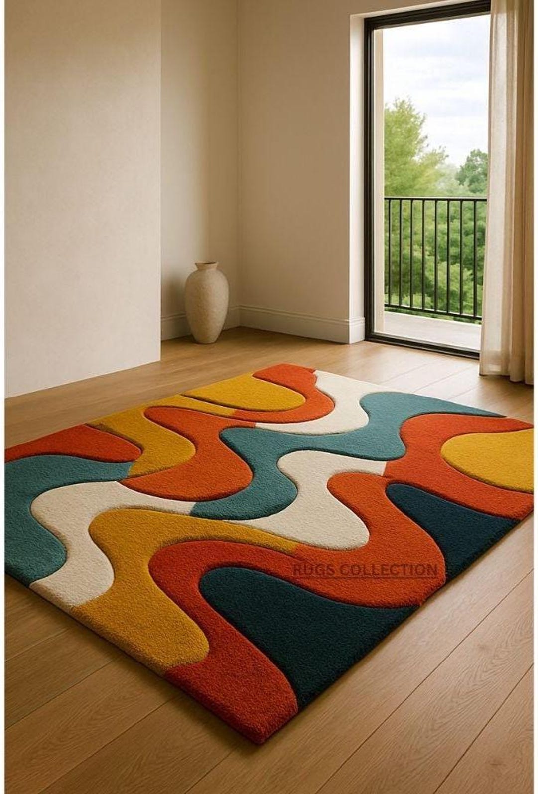 Abstract Wavy Rug | Modern Mid-century Orange Yellow Teal Area Rug ...