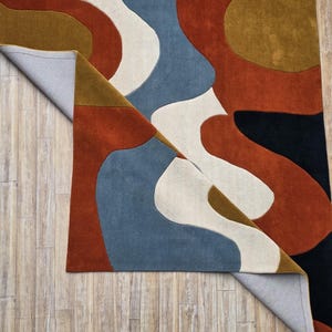 Abstract Wavy Rug | Modern Mid-century Orange Yellow Teal Area Rug ...