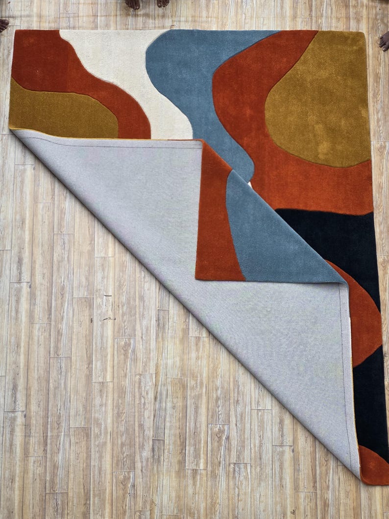 Abstract Wavy Rug | Modern Mid-century Orange Yellow Teal Area Rug ...