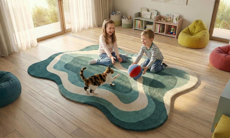 Modern Teal Cream Amoeba Shape Hand Tufted Wool 5x8 Area Rug for Living ...