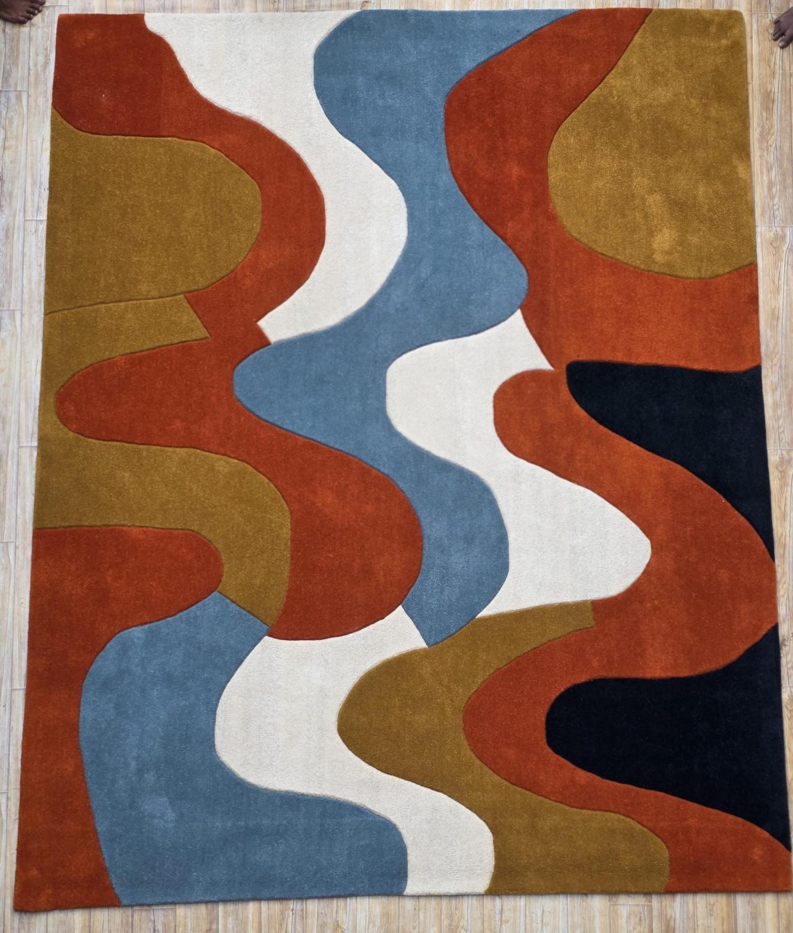 Abstract Wavy Rug | Modern Mid-century Orange Yellow Teal Area Rug ...