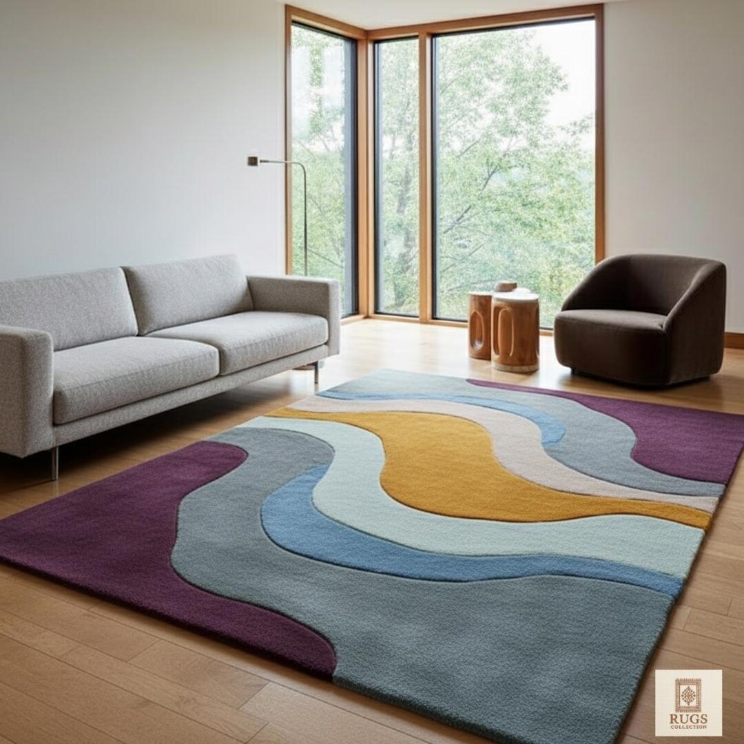 Modern Colorful Wavy Sculptural Handmade Irregular Shape 8x10 Wool Area ...