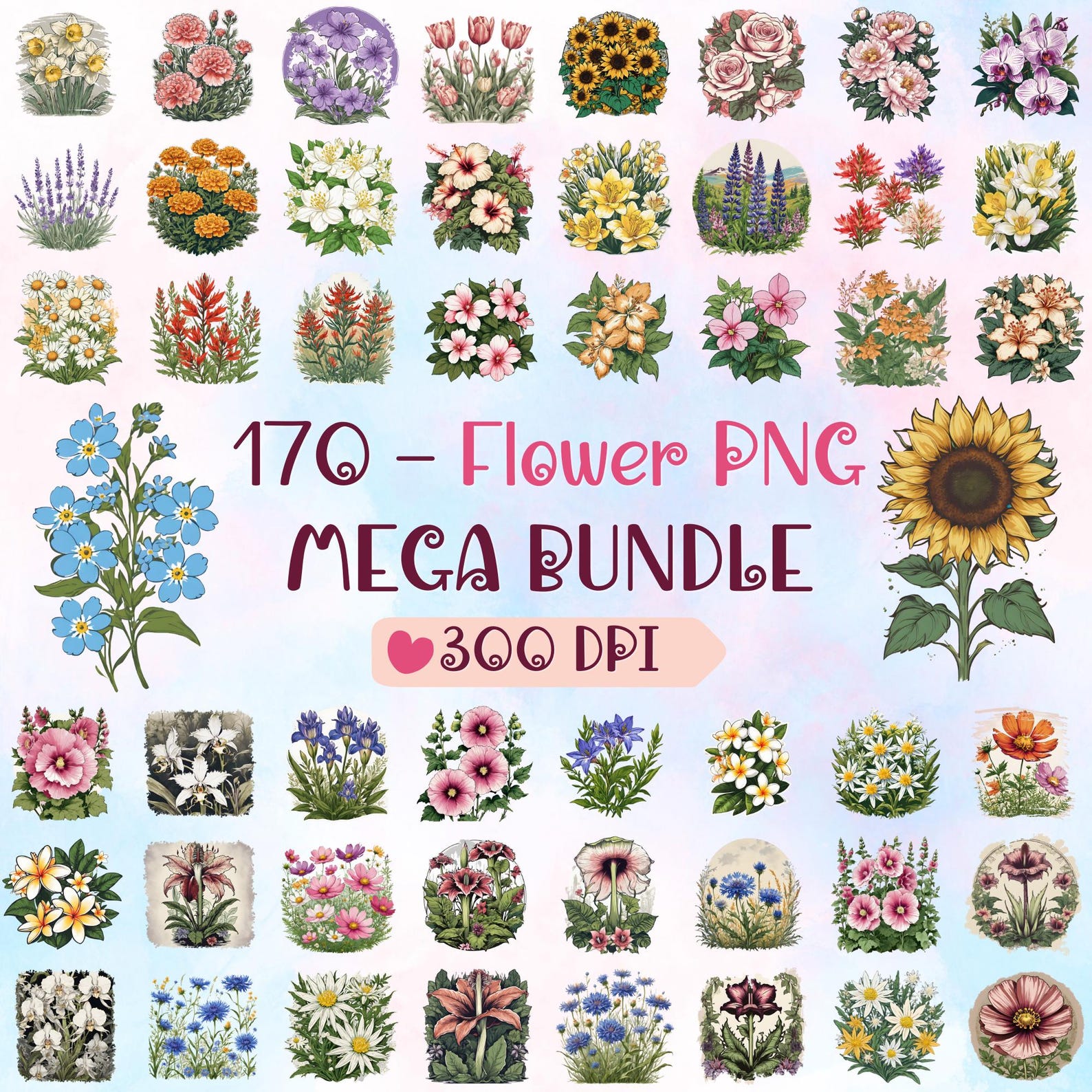 170 Floral PNG Mega Bundle, Transparent Background Digital Flower ...