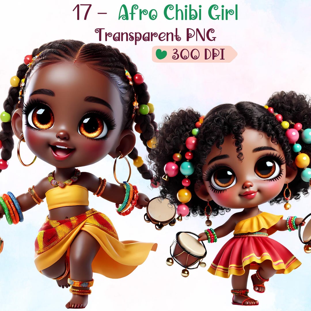 17 Afro Chibi Girl Clipart Bundle, Black Girl Chibi Clipart, High ...