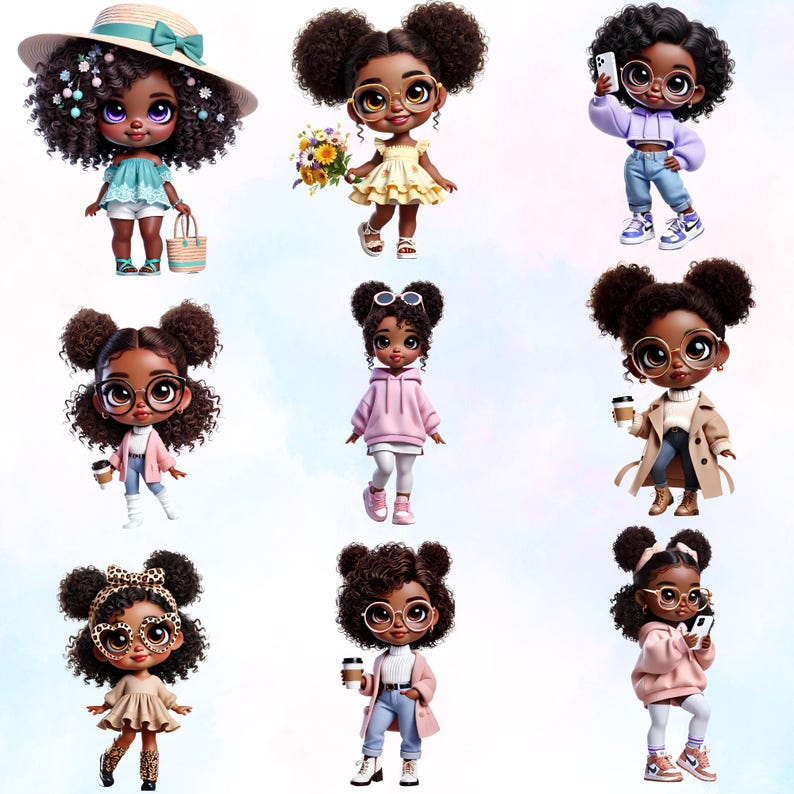 Afro Chibi Girl Clipart - Black Girl PNG Graphics (digital Download ...