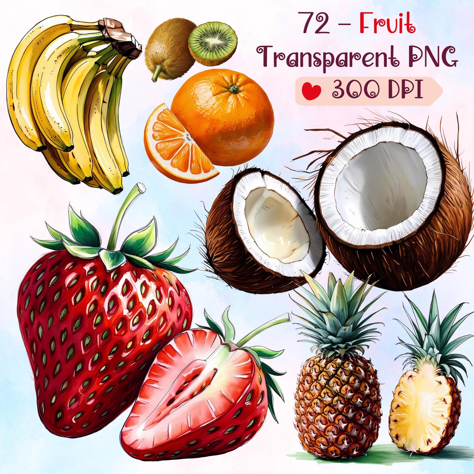 72 Watercolor Fruit PNG Bundle, High-resolution Fruits Clipart, Digital ...