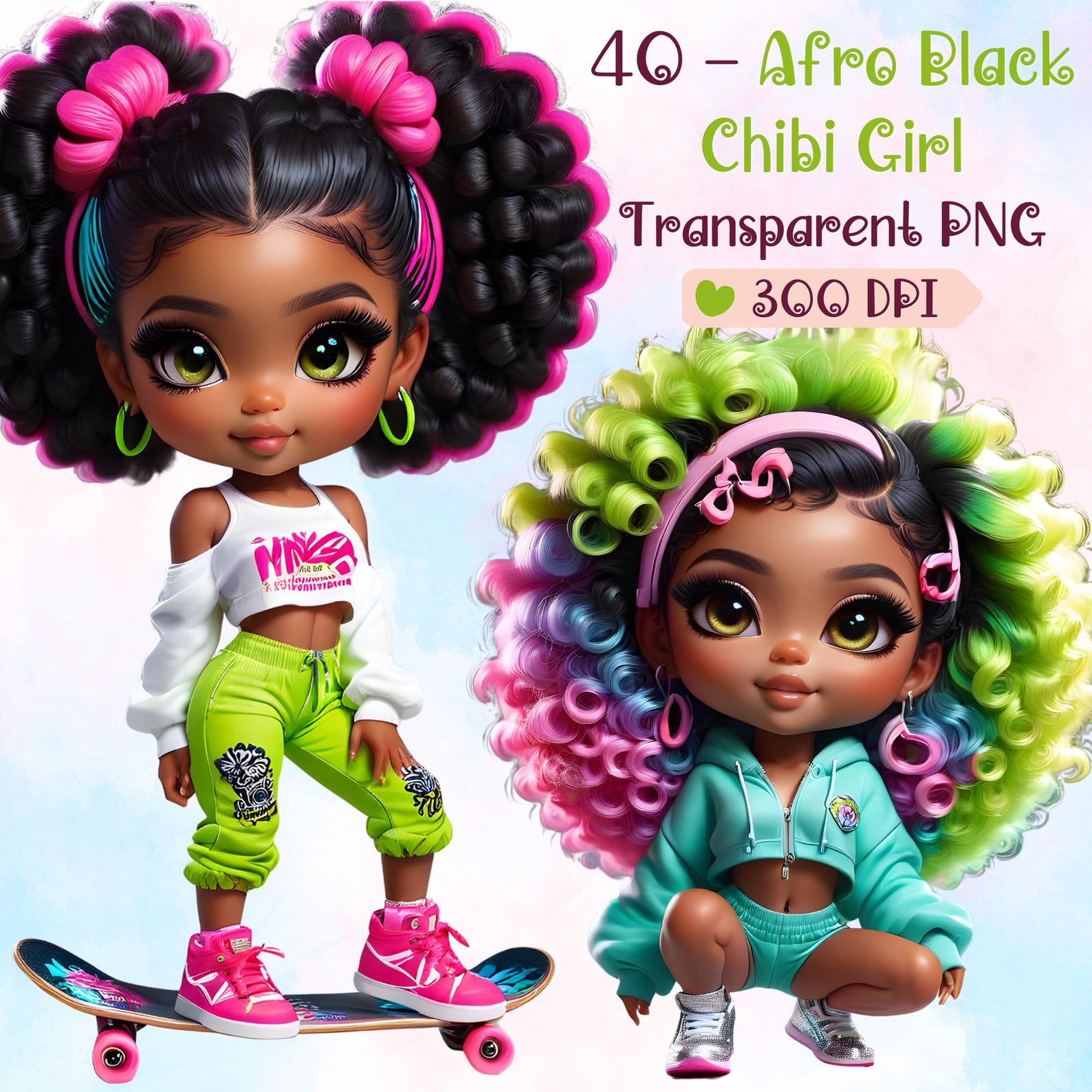 40 Afro Chibi Girl PNG Bundle – African Chibi Doll Digital Art – Cute ...