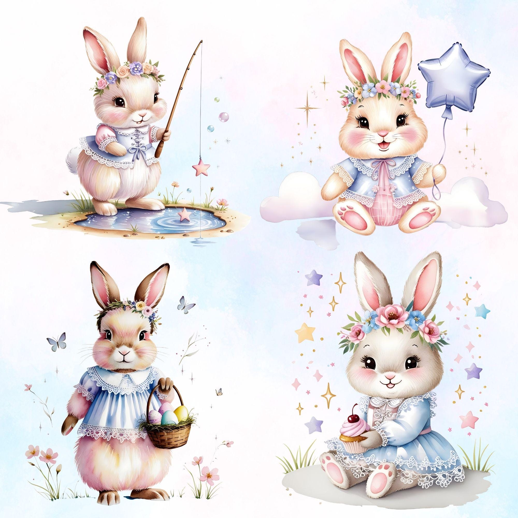 Watercolor Bunny Clipart, Whimsical Rabbit PNG Bundle (digital Download ...