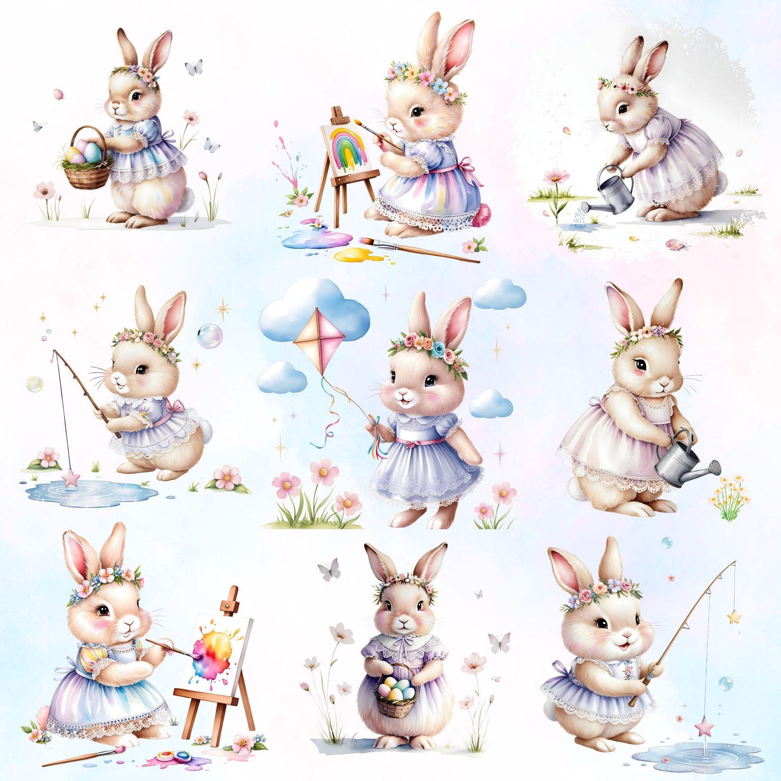 Watercolor Bunny Clipart, Whimsical Rabbit PNG Bundle (digital Download ...