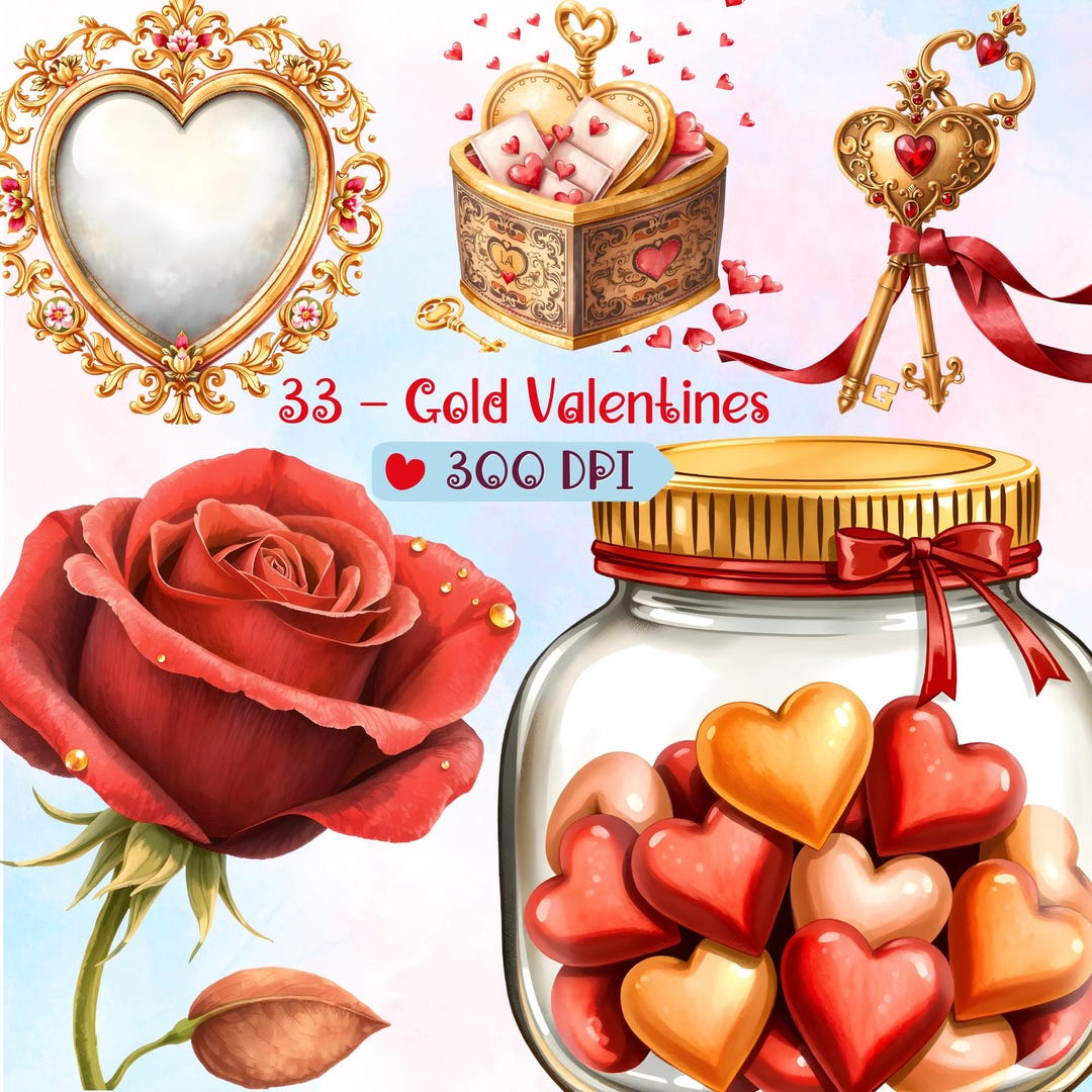 Gold Valentines Clipart Set, Heart Balloons, Roses (PNG Digital ...